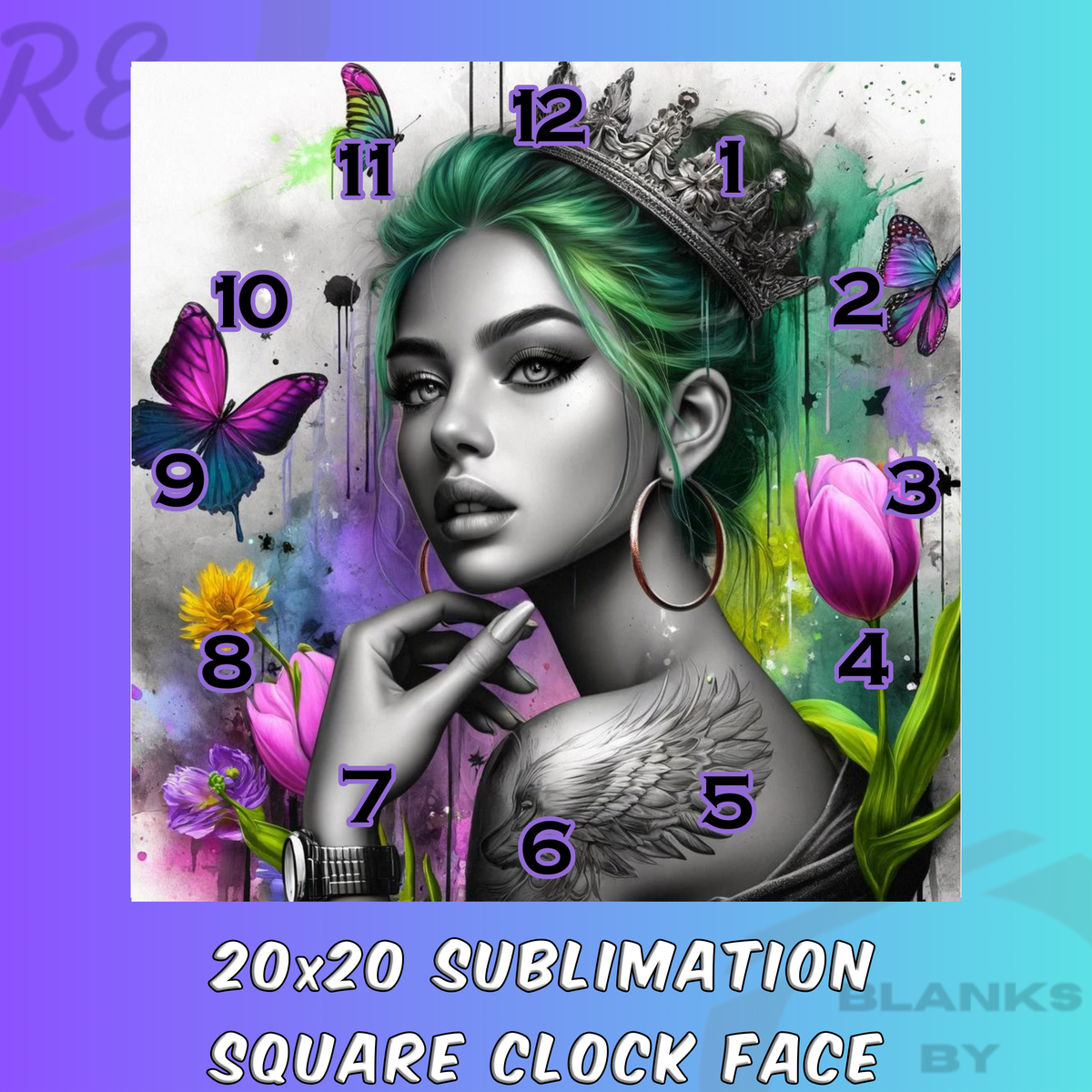 20cm Square Clock Face. Woman & Floral Sublimation Design – Blanks By ...