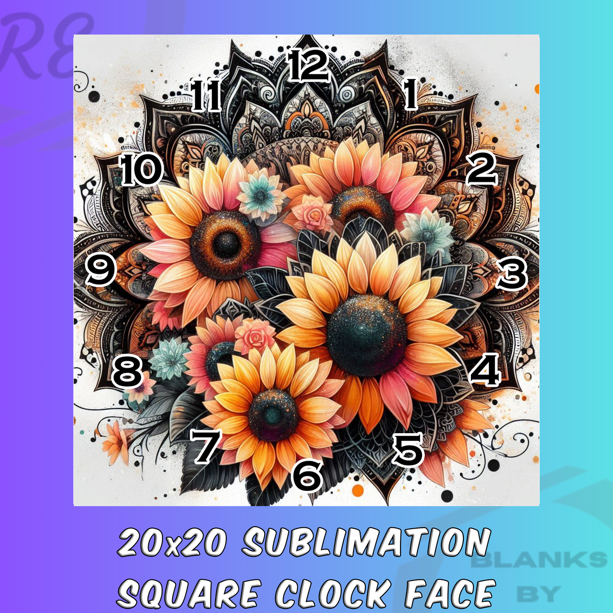 20cm Square Clock Face. Flower & Mandala Sublimation Design – Blanks By ...