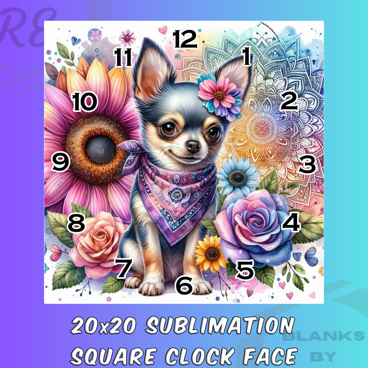 20cm Square Clock Face. Dog & Dandelion Sublimation Design – Blanks By ...